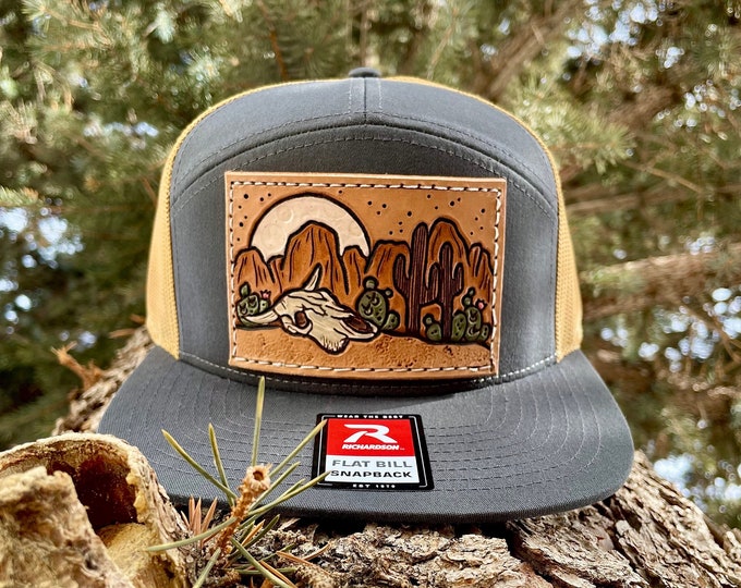 Tooled Desert Cowskull Leather Patch Hat | Leather Patch Flat Bill Snapback | Gift for Him ...