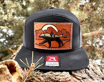 Tooled Desert Cowskull Leather Patch Hat | Leather Patch Flat Bill Snapback | Gift for Him ...