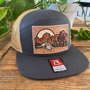 Tooled Desert Cowskull Leather Patch Hat Leather Patch Flat Bill Snapback Gift for Him Gift for ...