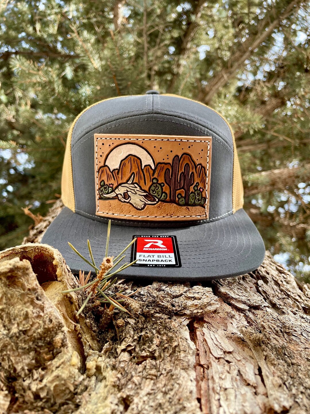 Tooled Desert Cowskull Leather Patch Hat | Leather Patch Flat Bill Snapback | Gift for Him ...