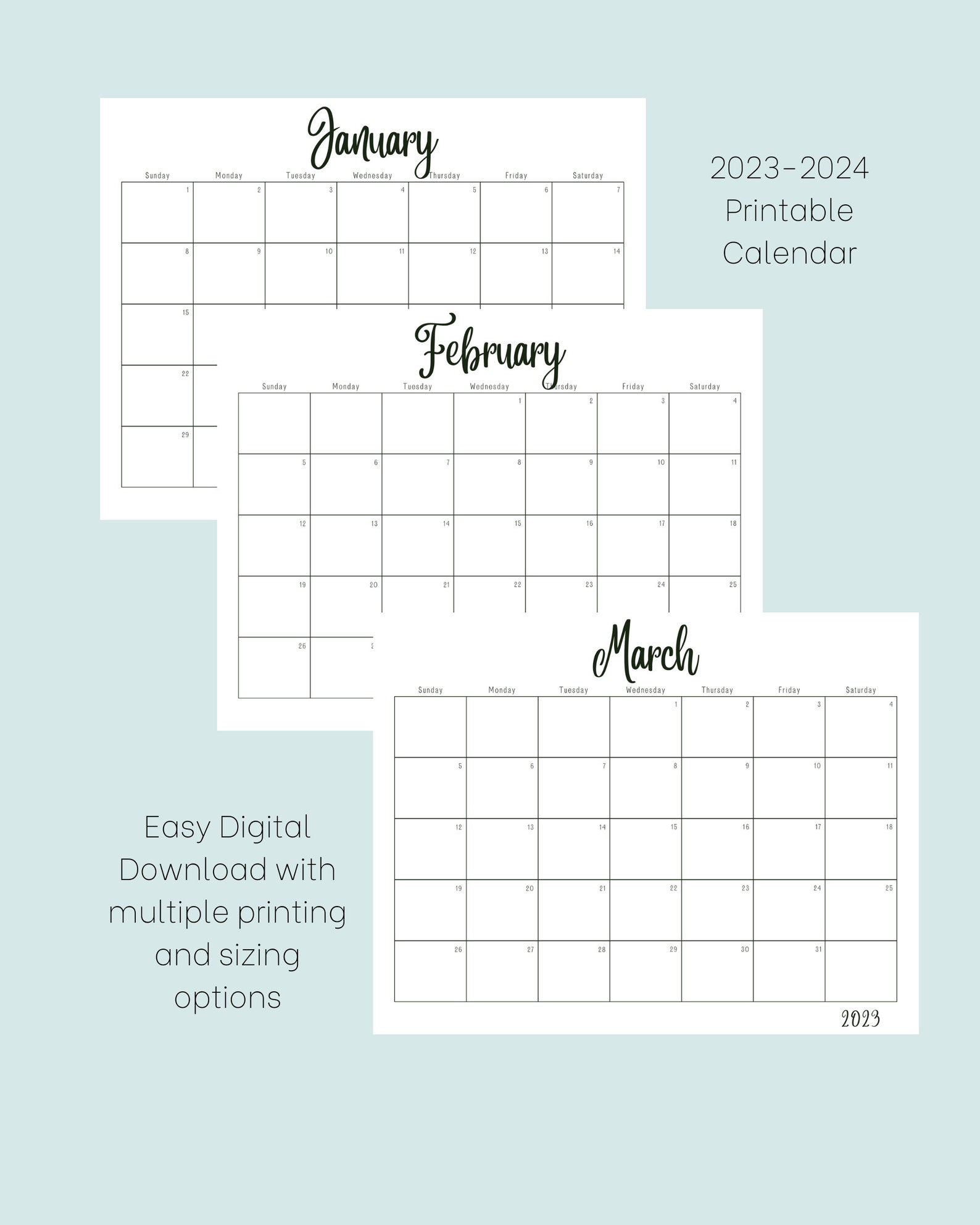 2023-2024 Printable Calendar Digital Calendar Download - Etsy