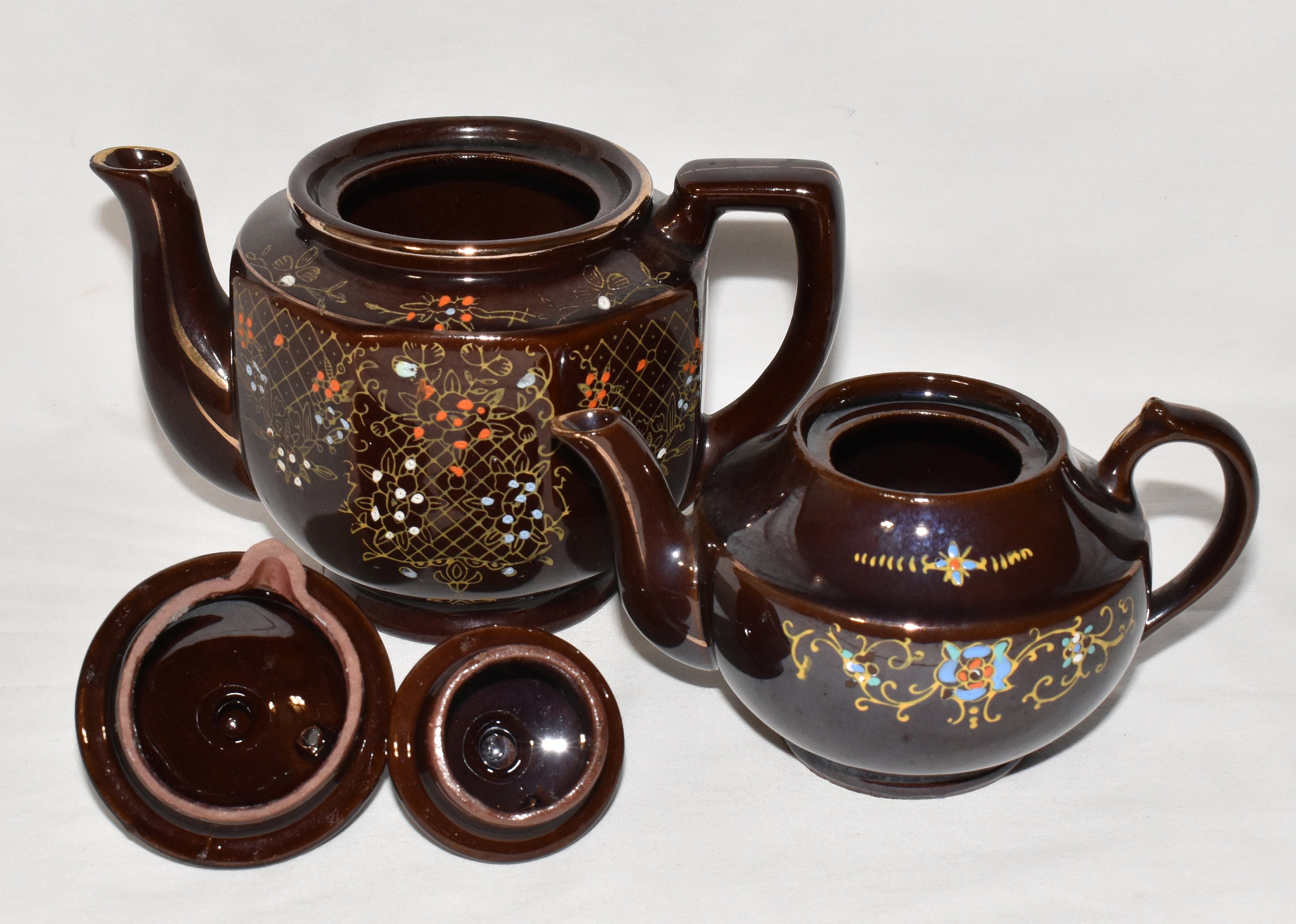 Vintage Japanese Redware Teapots 2 Brown Handpainted Teapots With ...