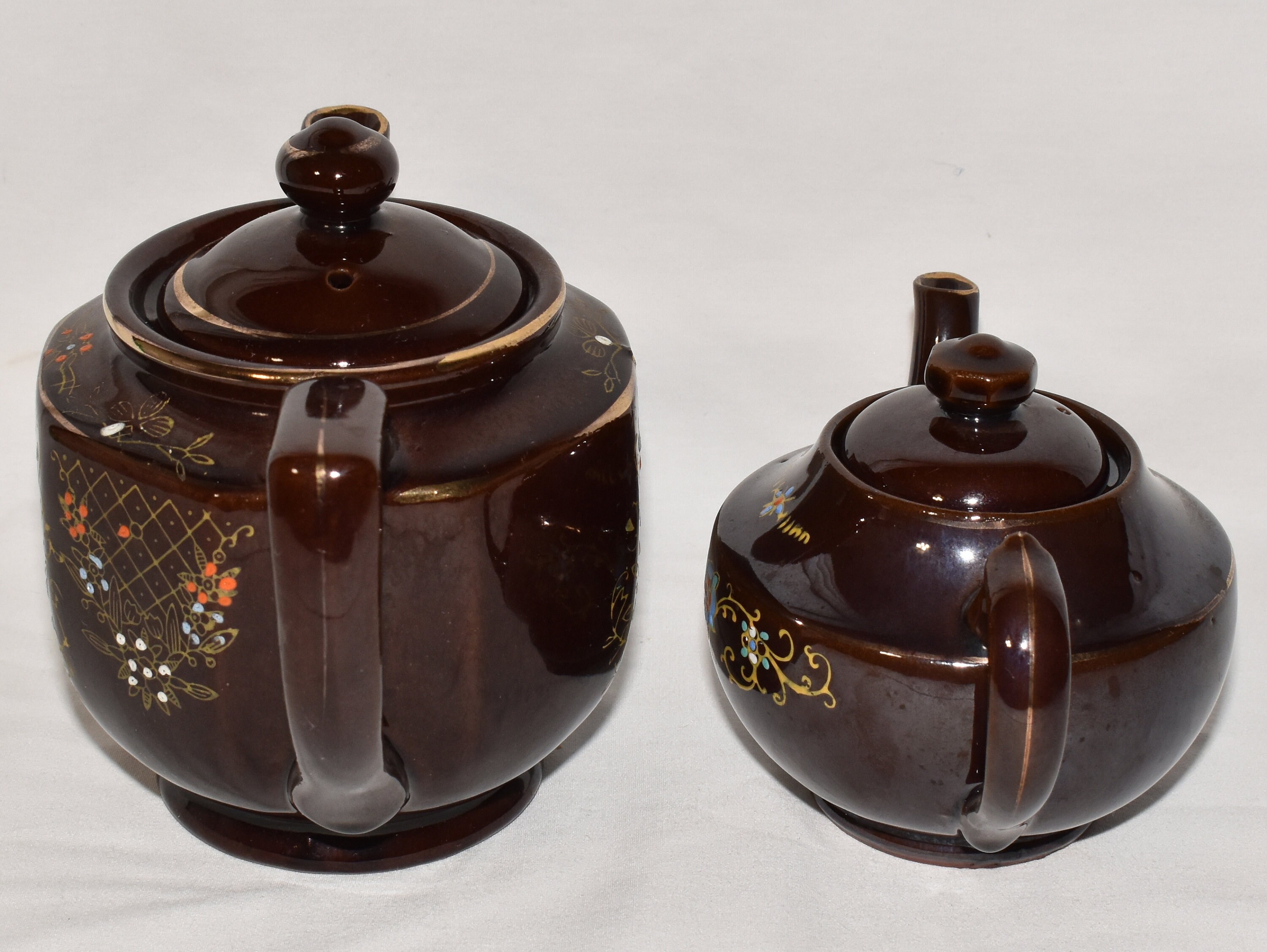 Vintage Japanese Redware Teapots 2 Brown Handpainted Teapots With ...