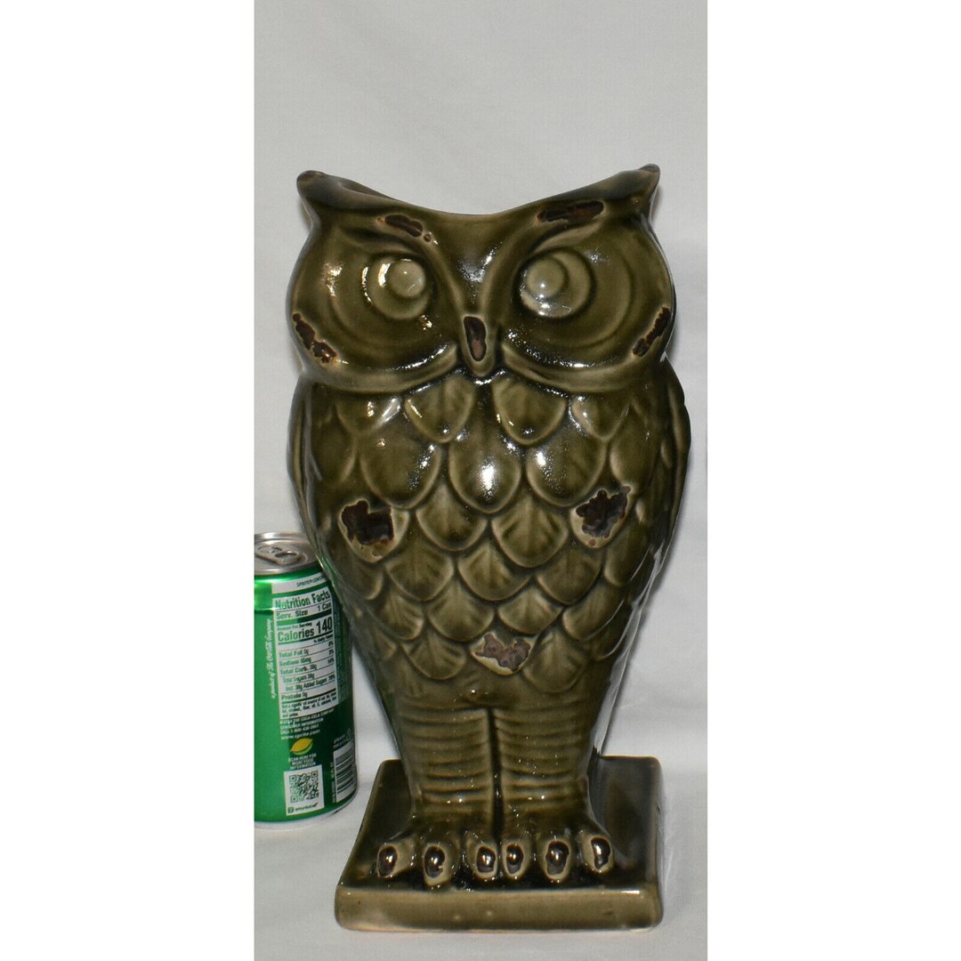 Tall 12" Ceramic Owl Vase Dark Green Distressed Pedestal Flower Vase ...