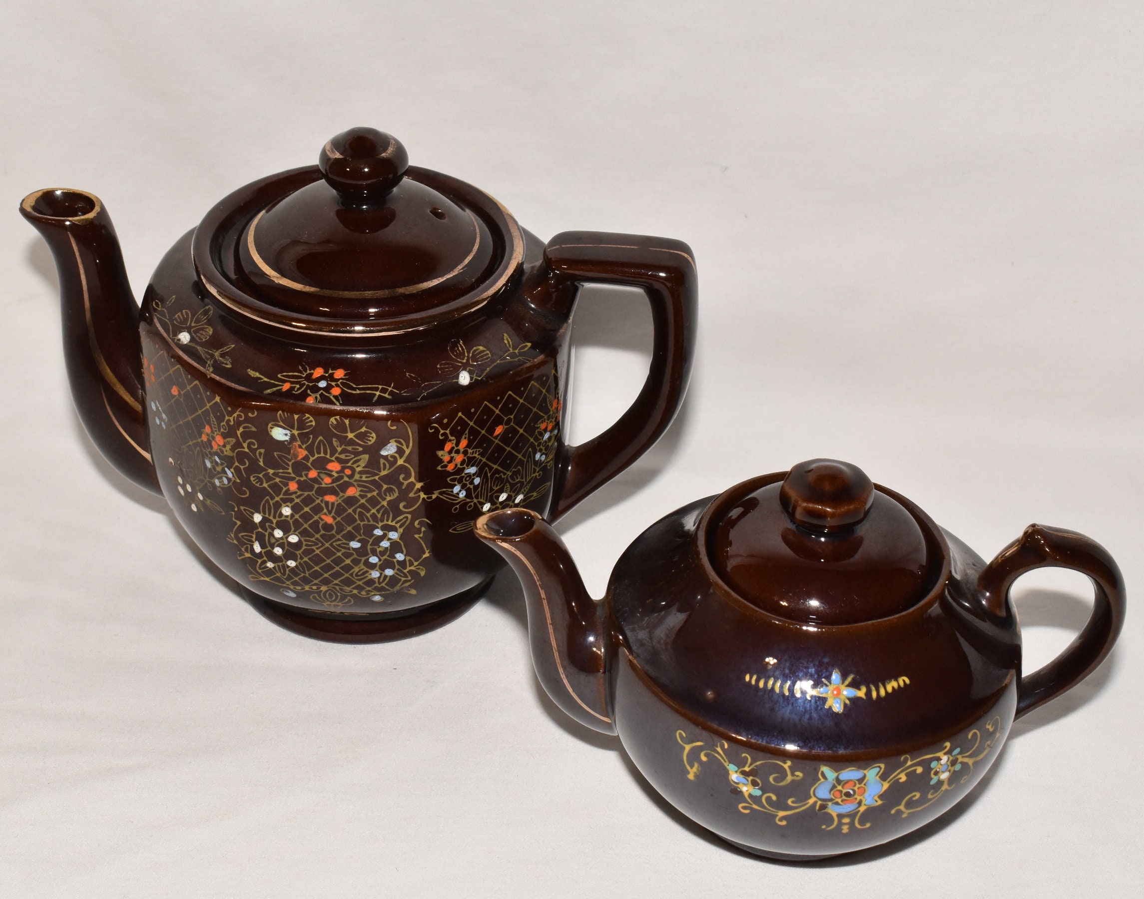 Vintage Japanese Redware Teapots 2 Brown Handpainted Teapots With ...
