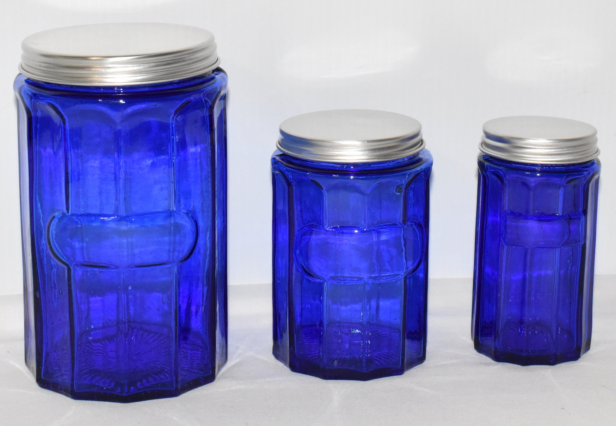 3pc Set Vintage Cobalt Blue Glass Jars With Silver Metal Lids Depression Era Paneled Glass