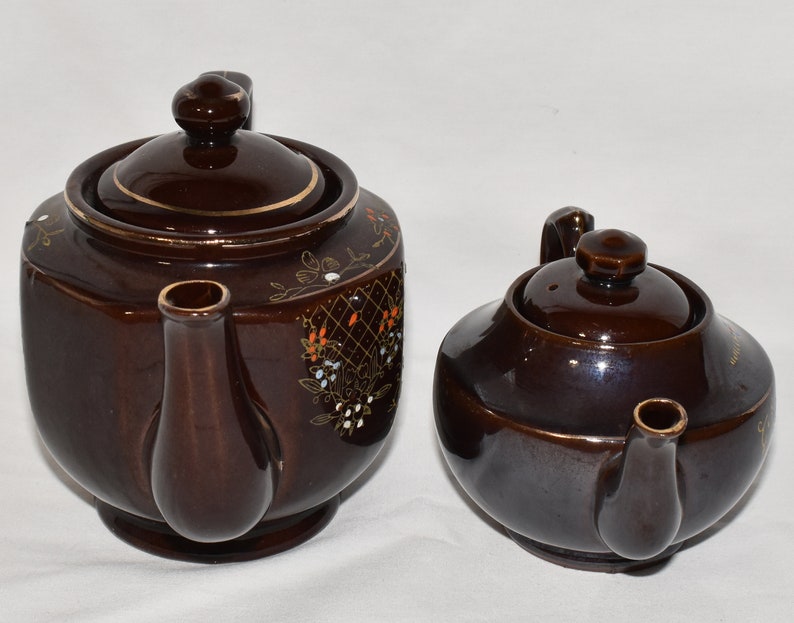 Vintage Japanese Redware Teapots 2 Brown Handpainted Teapots With ...
