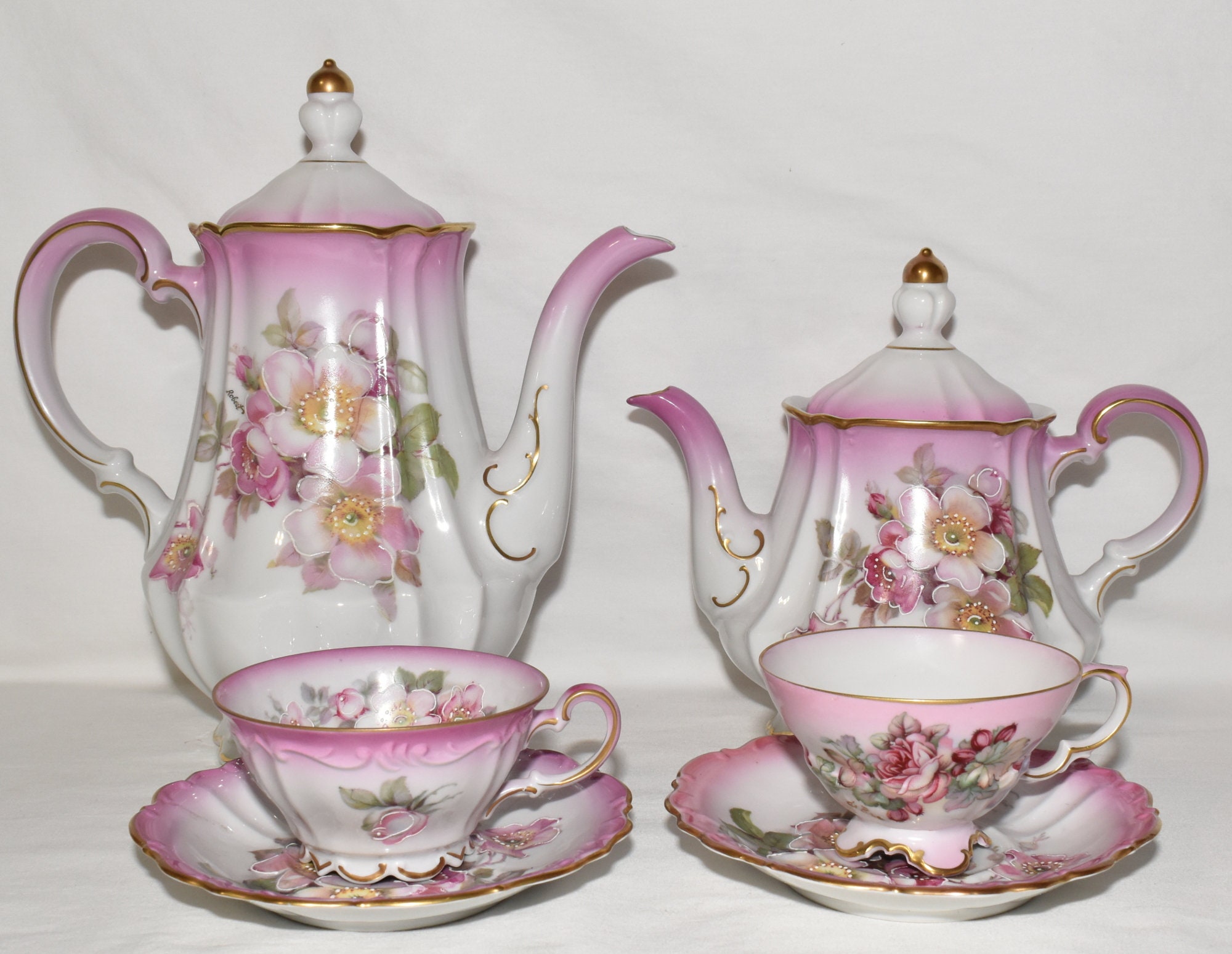 Antique German 7pc China Tea Set Teapot Cup Saucer Hand - Etsy