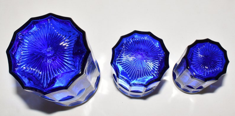 3pc Set Vintage Cobalt Blue Glass Jars With Silver Metal Lids Depression Era Paneled Glass
