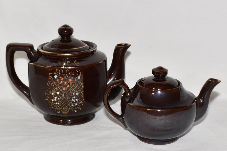 Vintage Japanese Redware Teapots 2 Brown Handpainted Teapots With ...