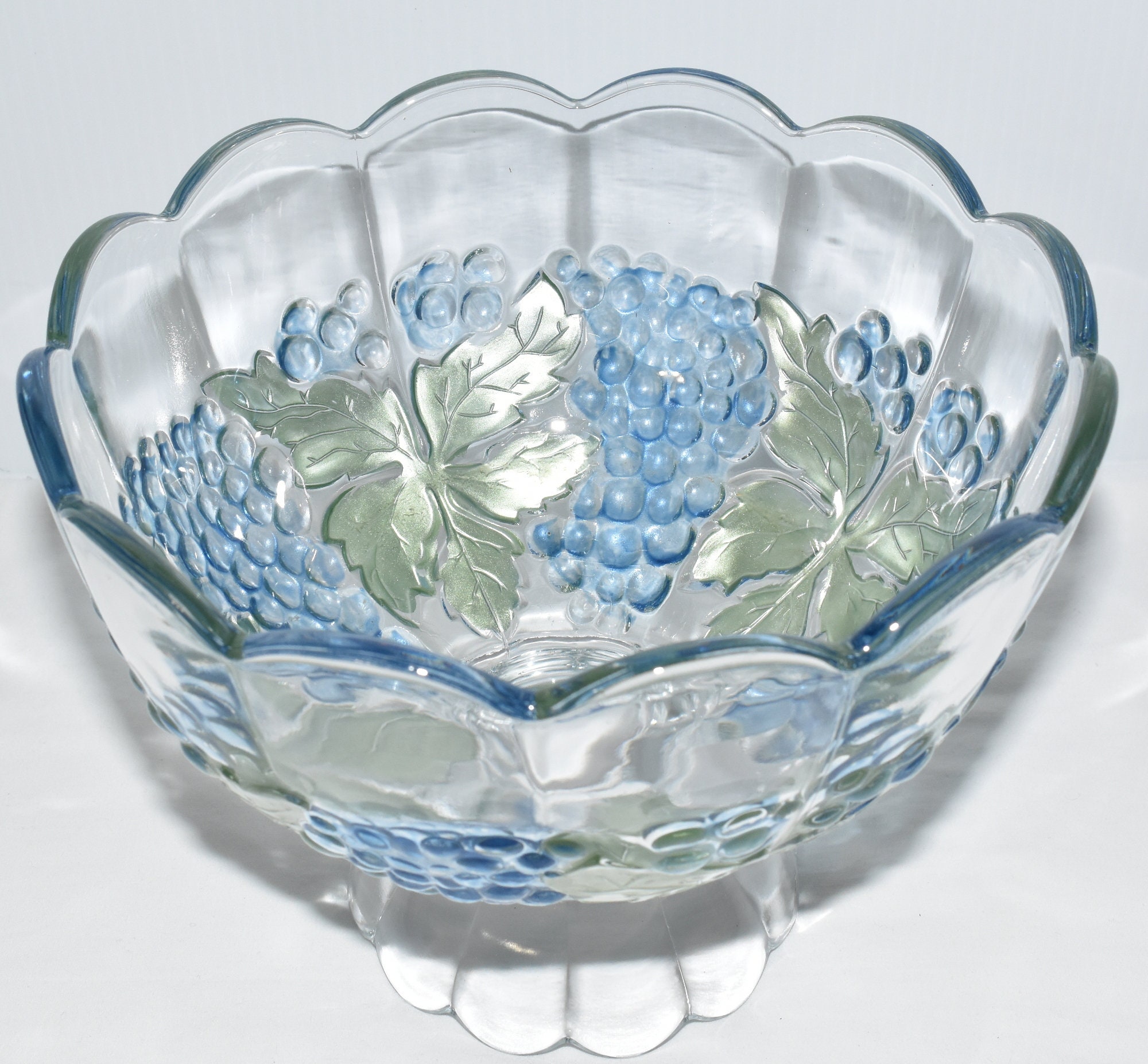 Large Vintage Crystal Bowl Blue Glass Pedestal Dessert Fruit Salad ...