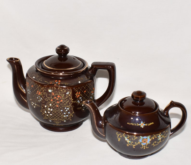 Vintage Japanese Redware Teapots 2 Brown Handpainted Teapots With ...