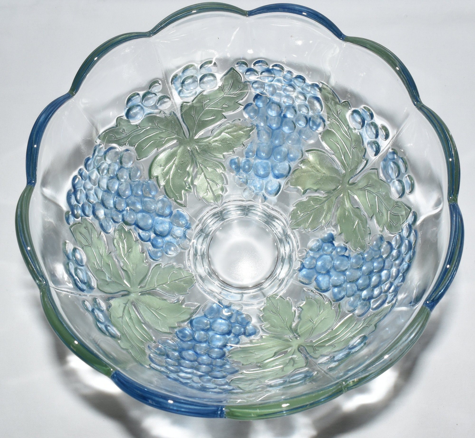 Large Vintage Crystal Bowl Blue Glass Pedestal Dessert Fruit Salad ...