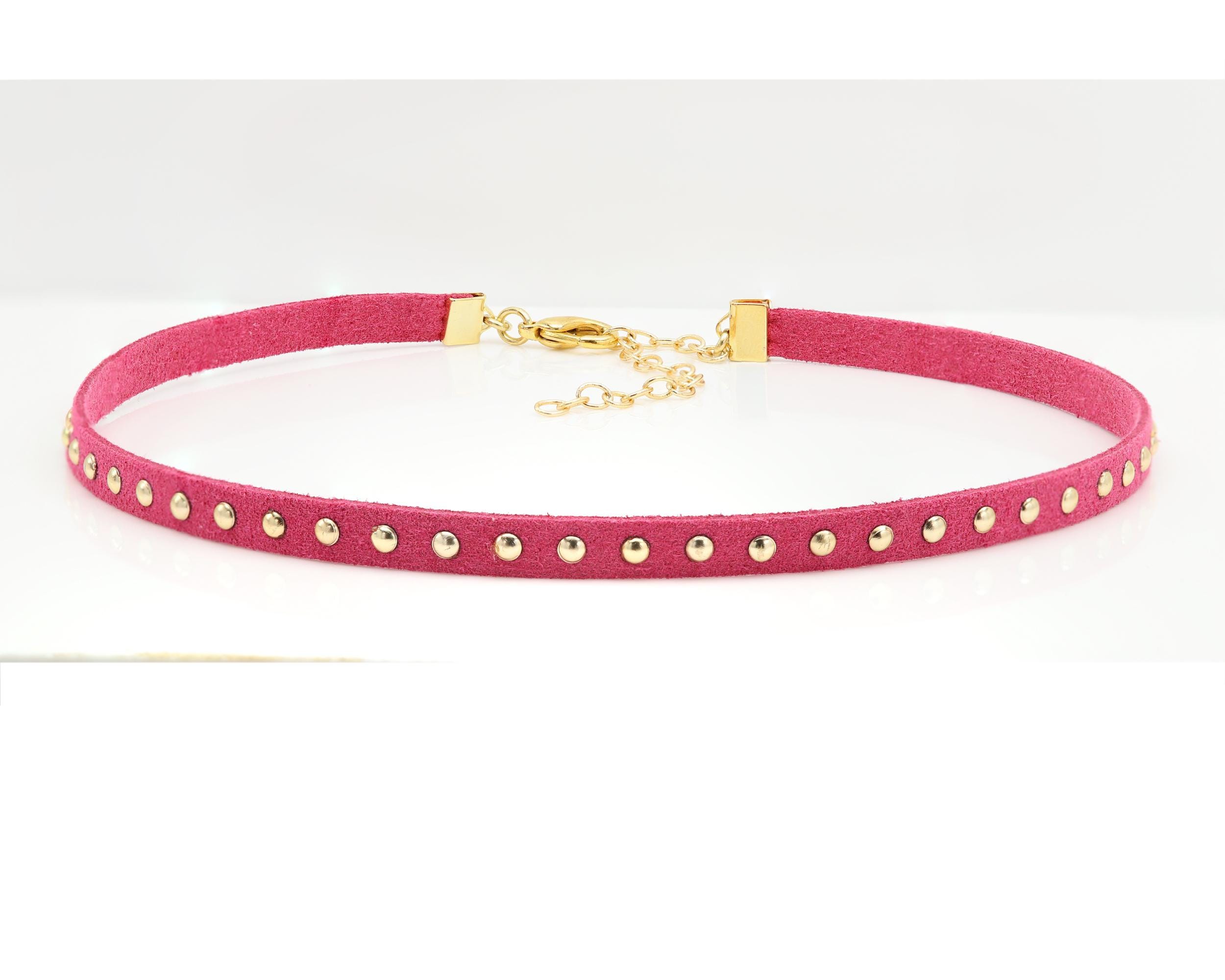 Pink Gothic Choker Adjustable Length Silver Dots Design Pink Chokers ...