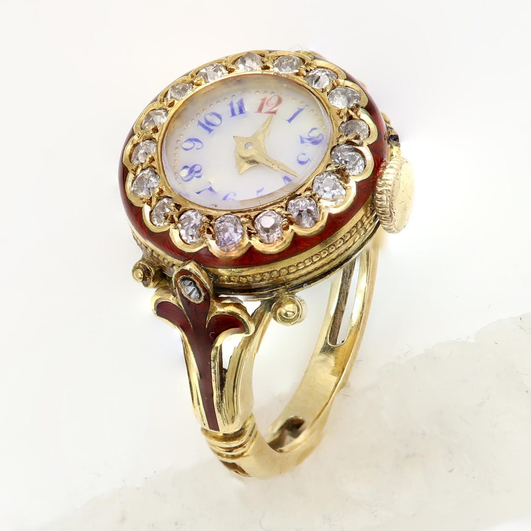 Antique 18k Gold Diamond Ring Watch: Red Enamel, Size 7 - Etsy