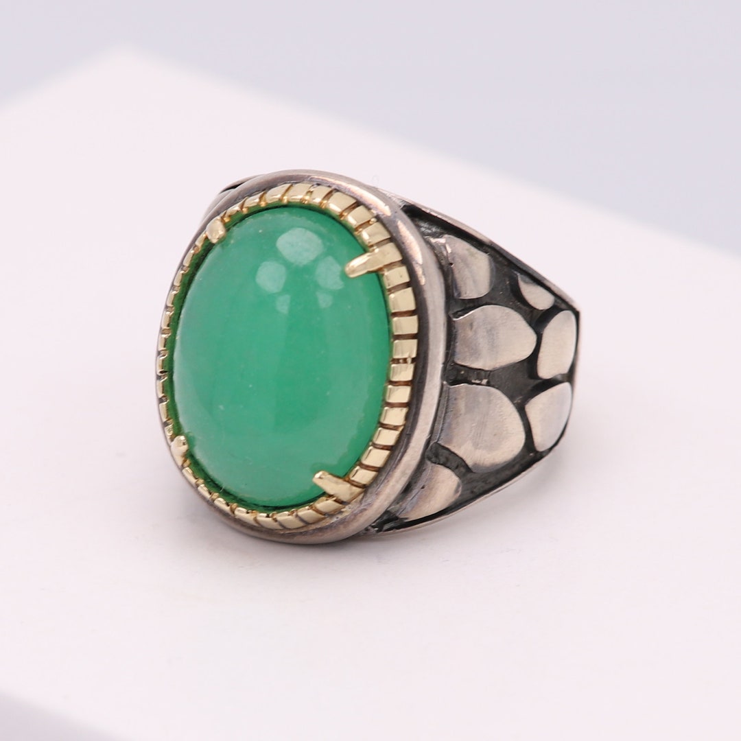 Treated Jade Ring Silver and 18k Gold Green Jade Jewelry - Etsy