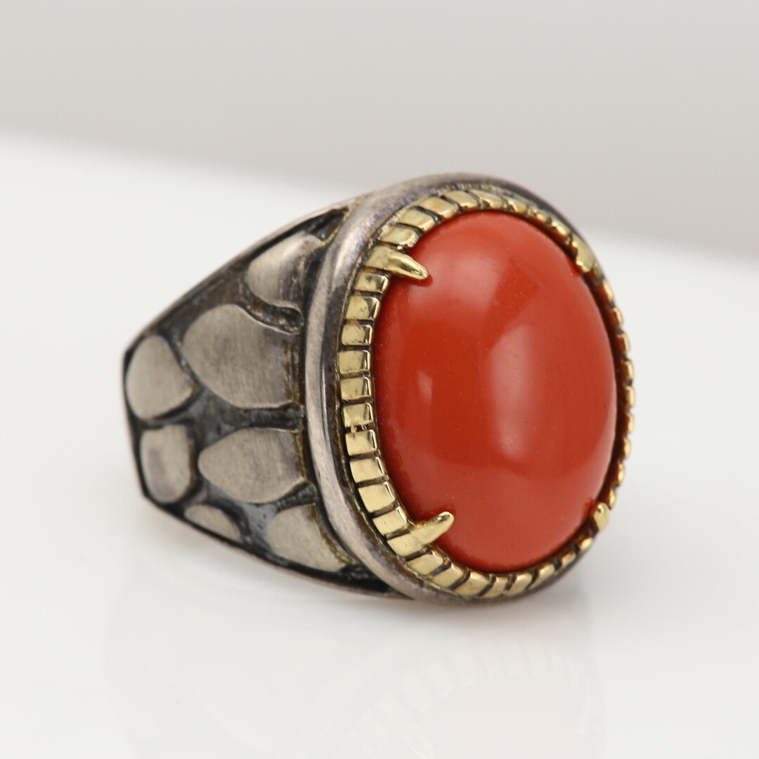 Natural Red Coral Cocktail Ring Coral Jewelry Sterling Silver and 18k ...
