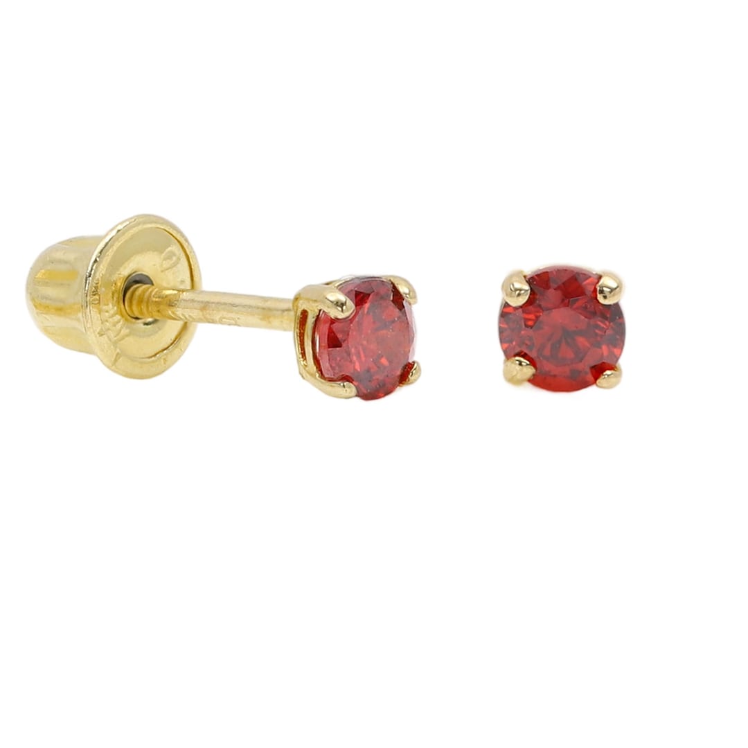 Toddler Earrings Red Cz Solid 14k Gold for Girls Screw Protective Backs ...