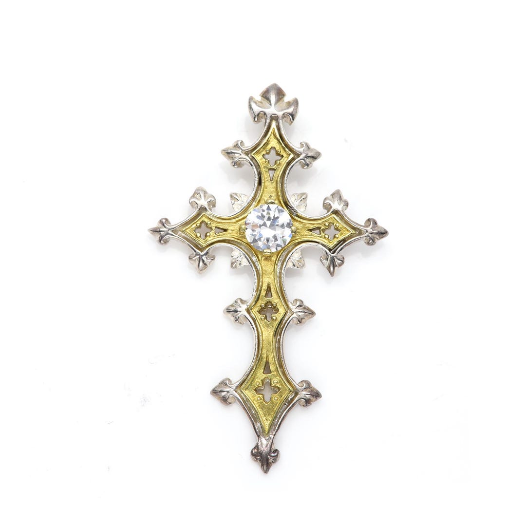 Vintage Gothic Cross Sterling Silver & Brass White Cz Stone - Etsy