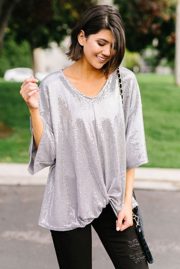 Sequin Top Oversize Silver Shiny Sparkly Front Knot Christmas NYE ...