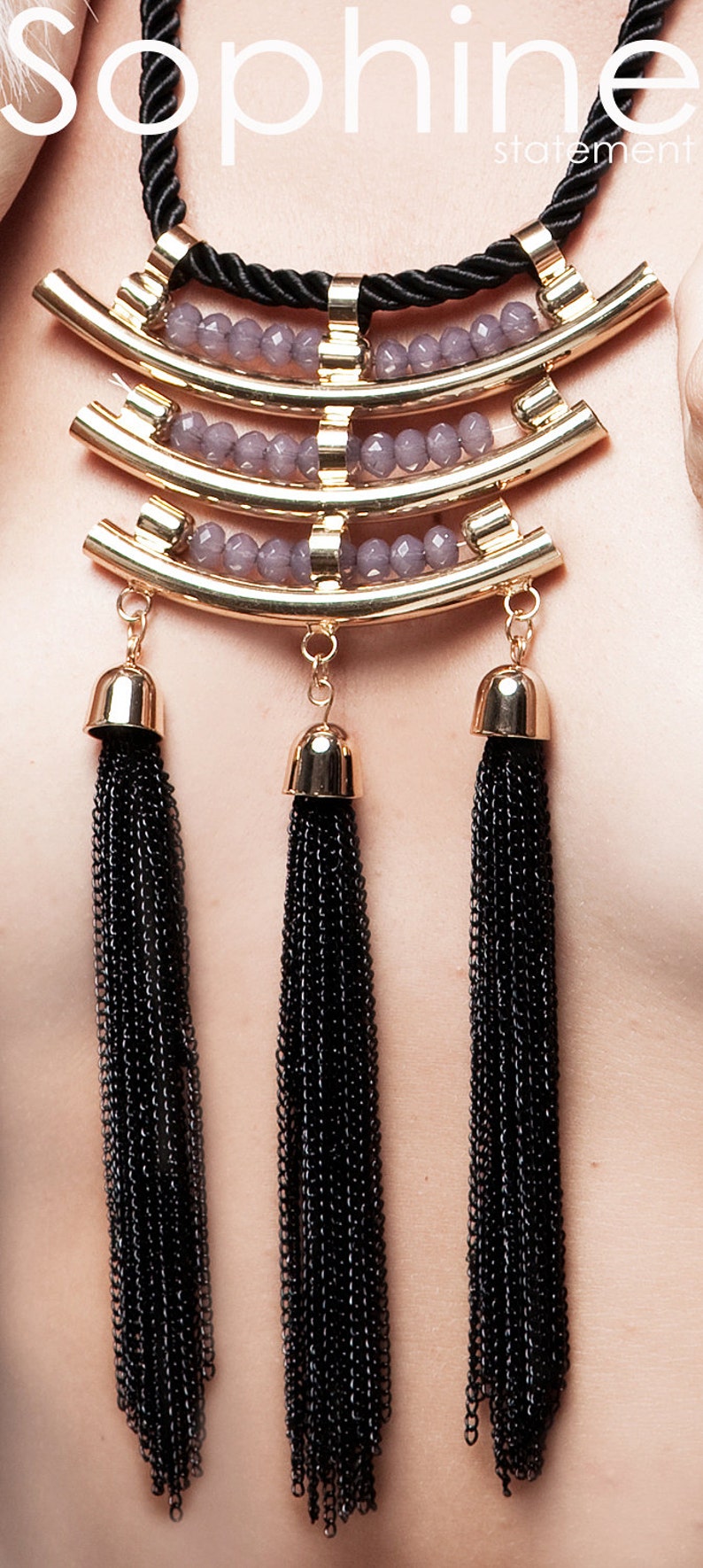 Tasseled Necklace, Tassel Necklace, Long Black Necklace, Stone Necklace ...