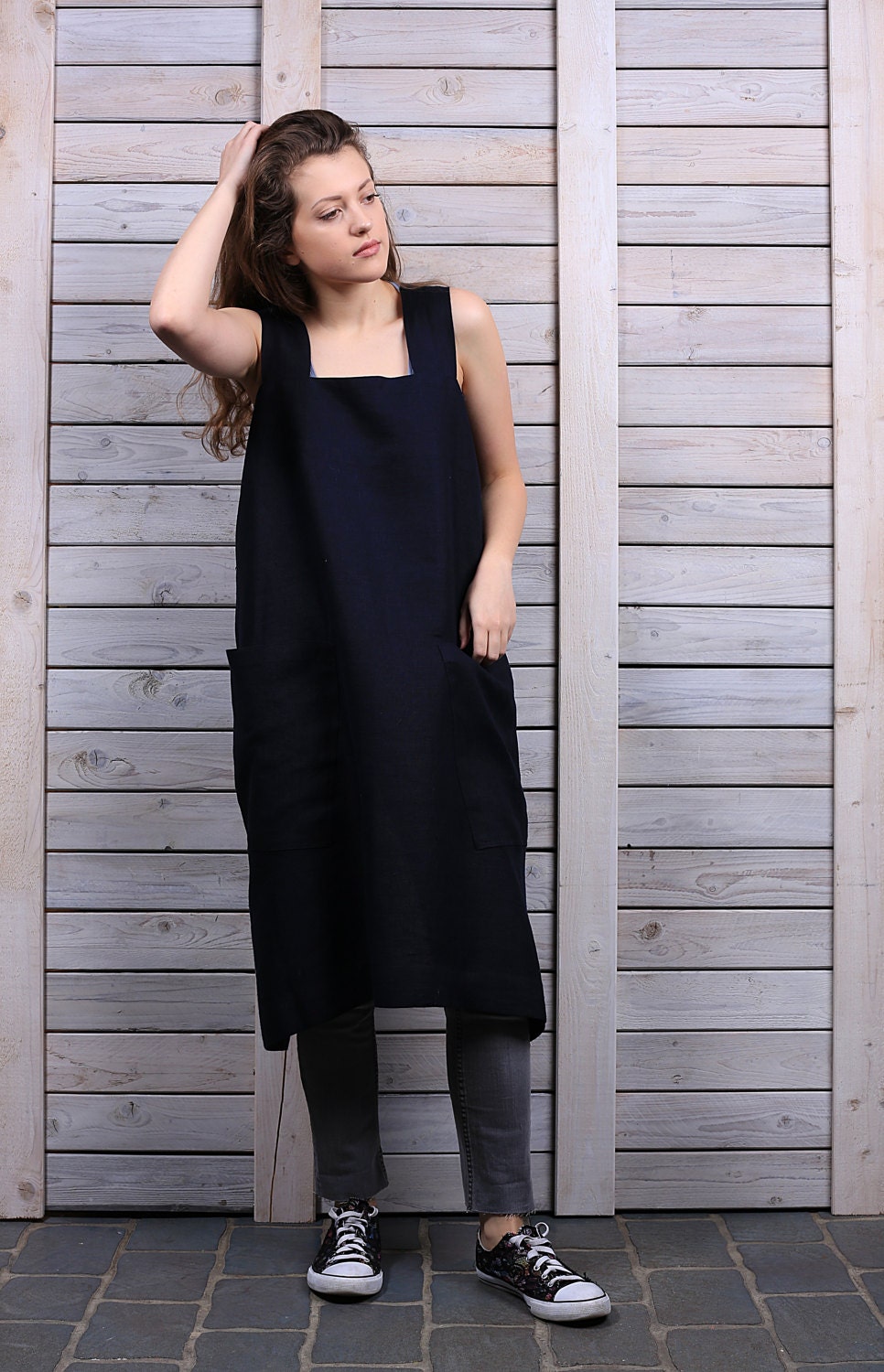 Pinafore Dress / Retro Style Apron / Pocket Linen Apron / Deep | Etsy