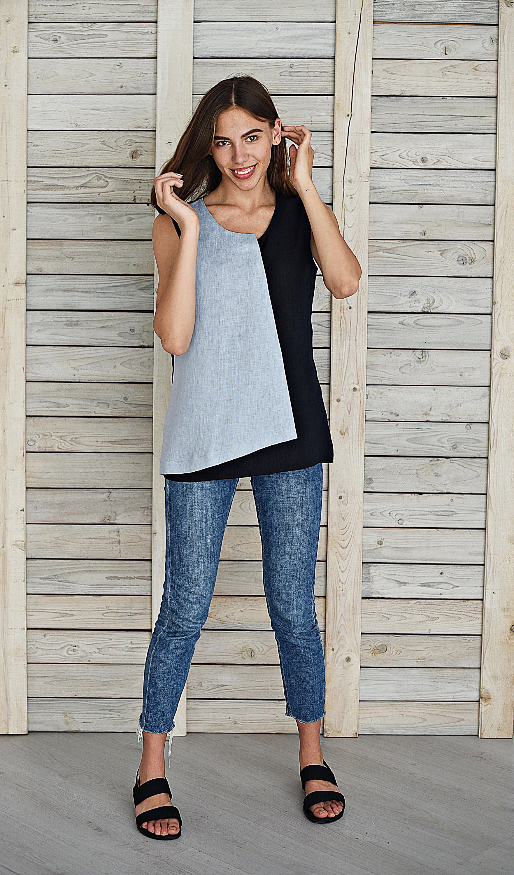 Two Colors Linen Top / Linen Blouse With Boat Neck / Casual - Etsy