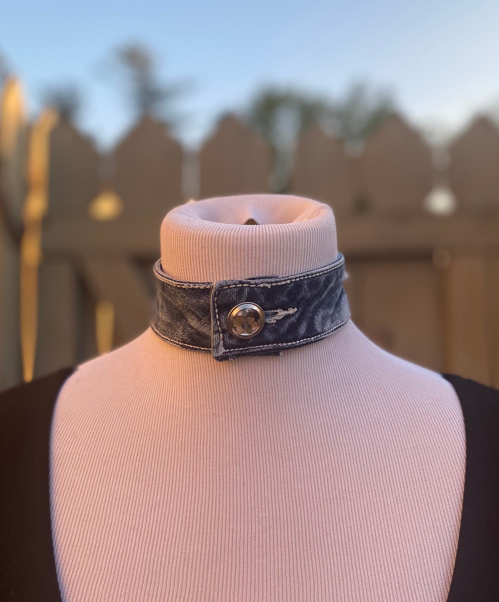Denim Choker Upcycled Denim Waistband Sparkly Button Choker 70s Trend ...