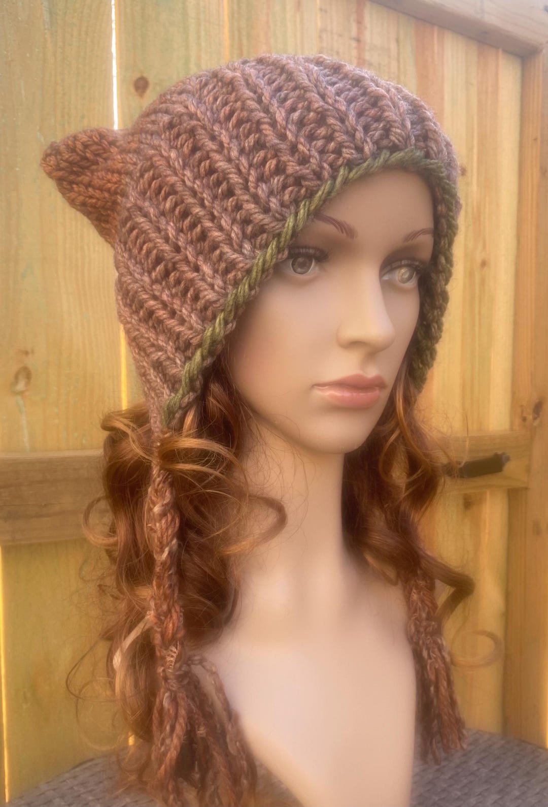 Hand Knit Cat Hat With Braids and Beads Whimsical Loose-fitting Winter ...