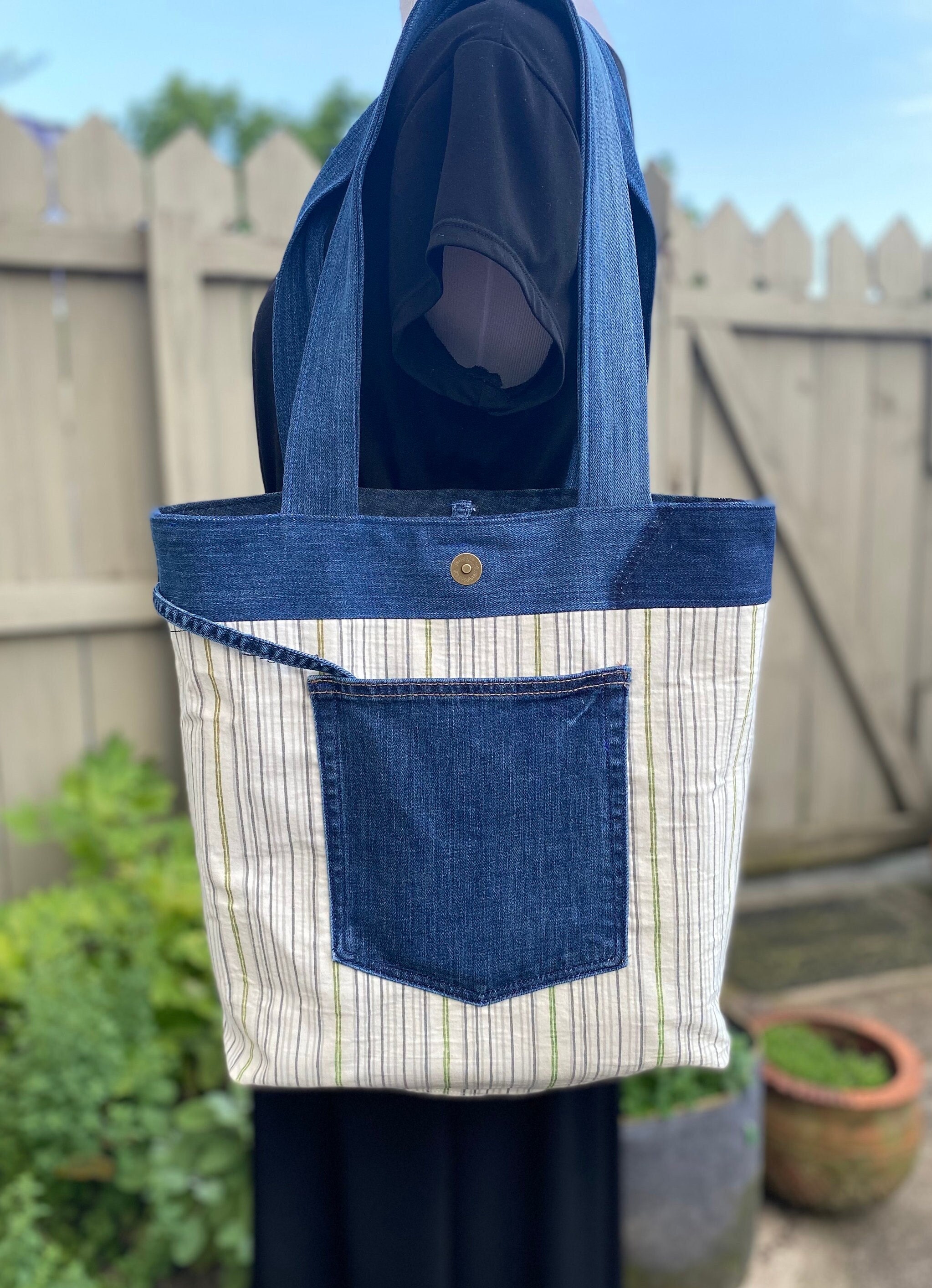Denim Tote Handmade Denim Waistband Shoulder Bag Blue Jean Bag Roomy ...