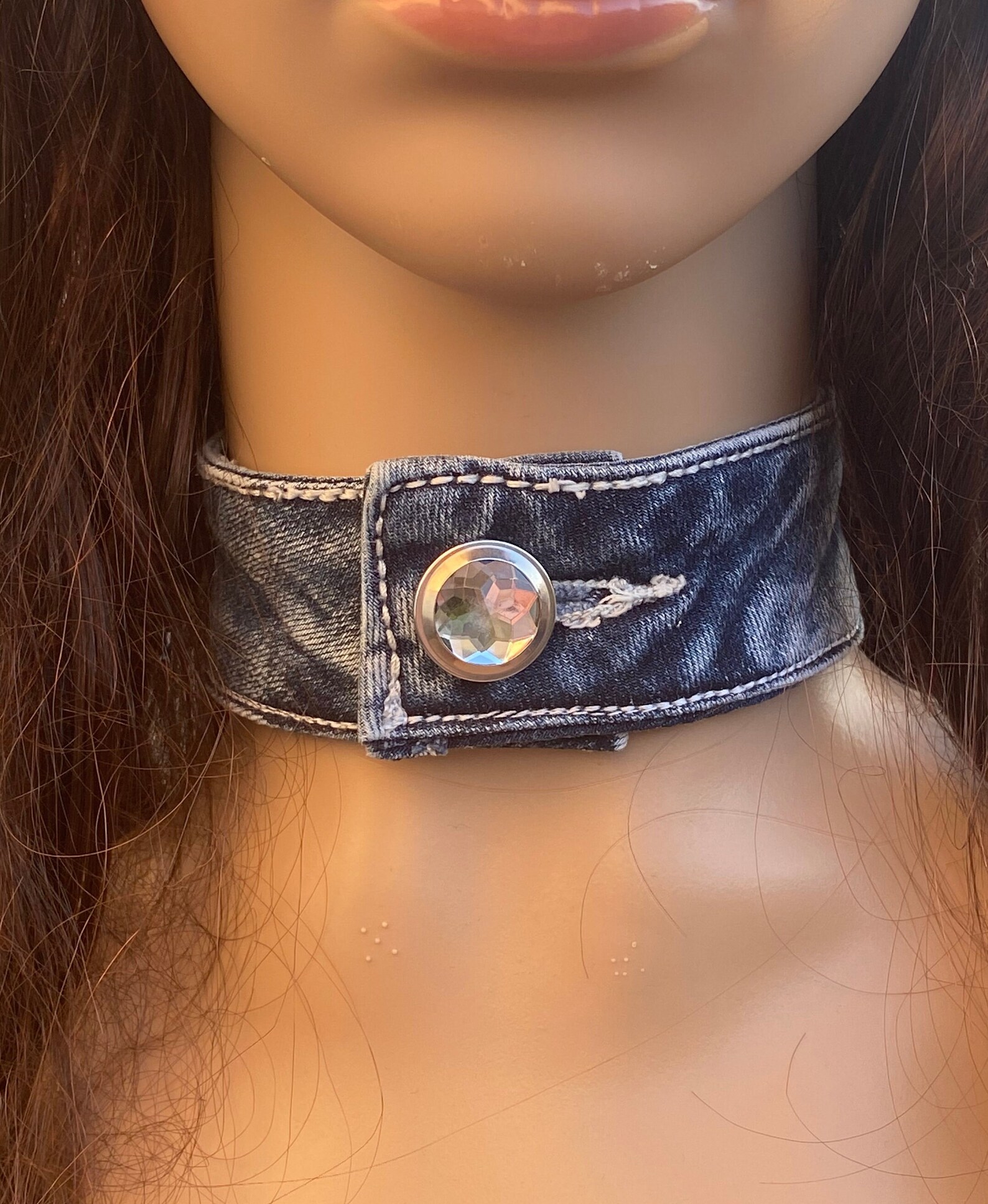 Denim Choker Upcycled Denim Waistband Sparkly Button Choker 70s Trend ...