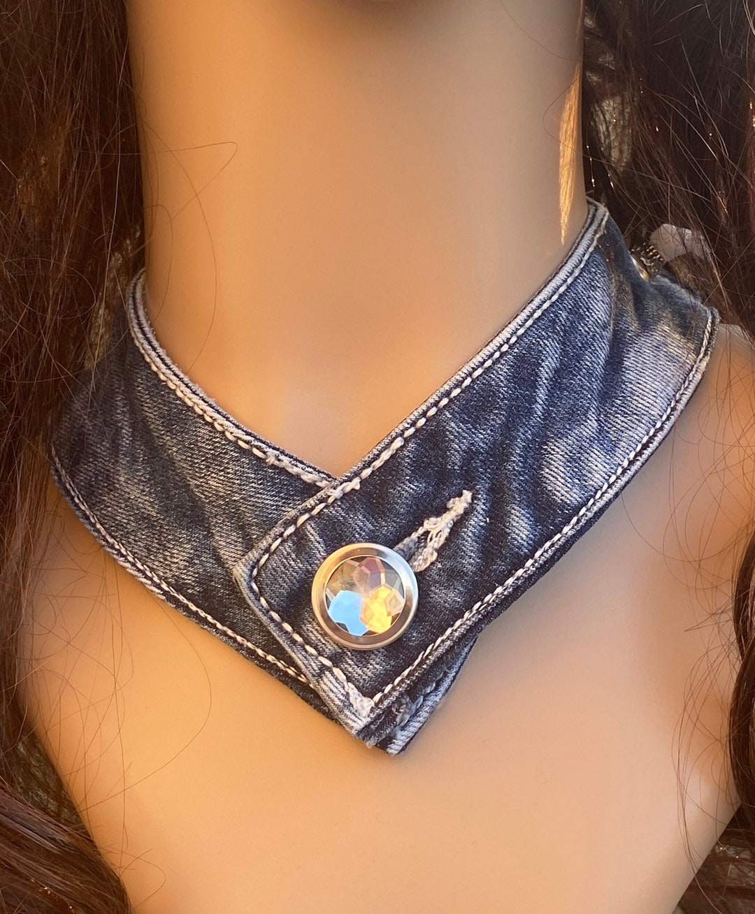 Denim Choker Upcycled Denim Waistband Sparkly Button Choker 70s Trend ...