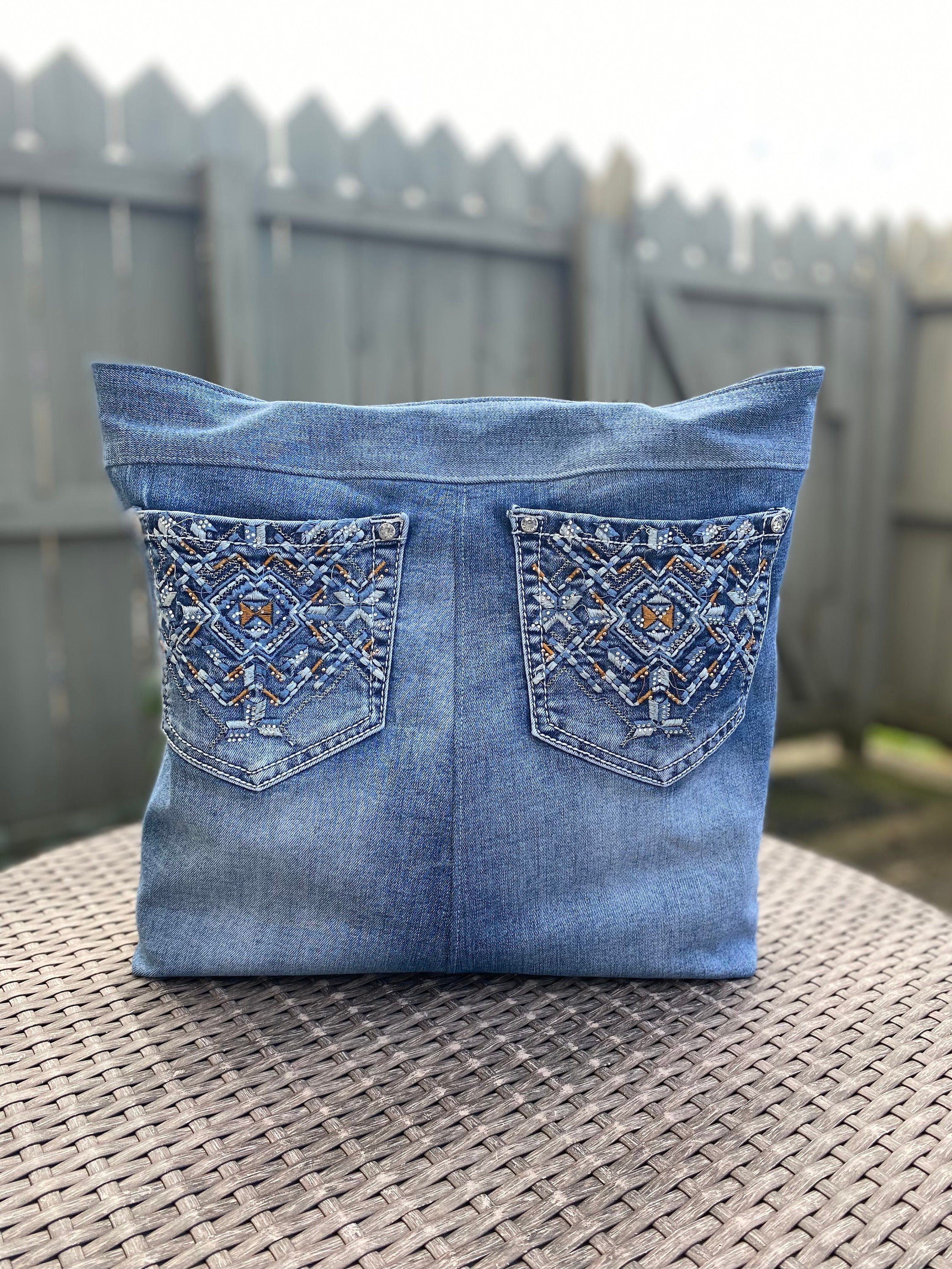 Denim Tote Upcycled Denim Shoulder Bag Lined Tote Magnetic Closure ...