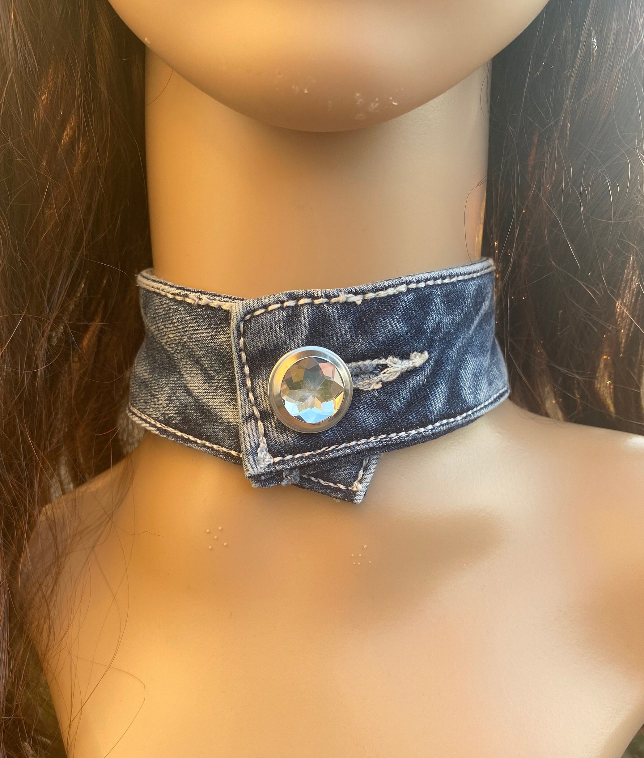 Denim Choker Upcycled Denim Waistband Sparkly Button Choker 70s Trend ...