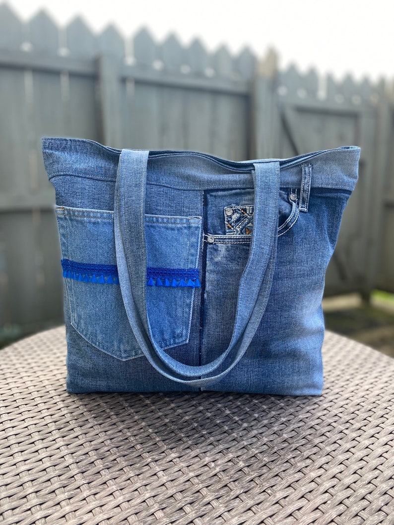 Denim Tote Upcycled Denim Shoulder Bag Lined Tote Magnetic Closure ...