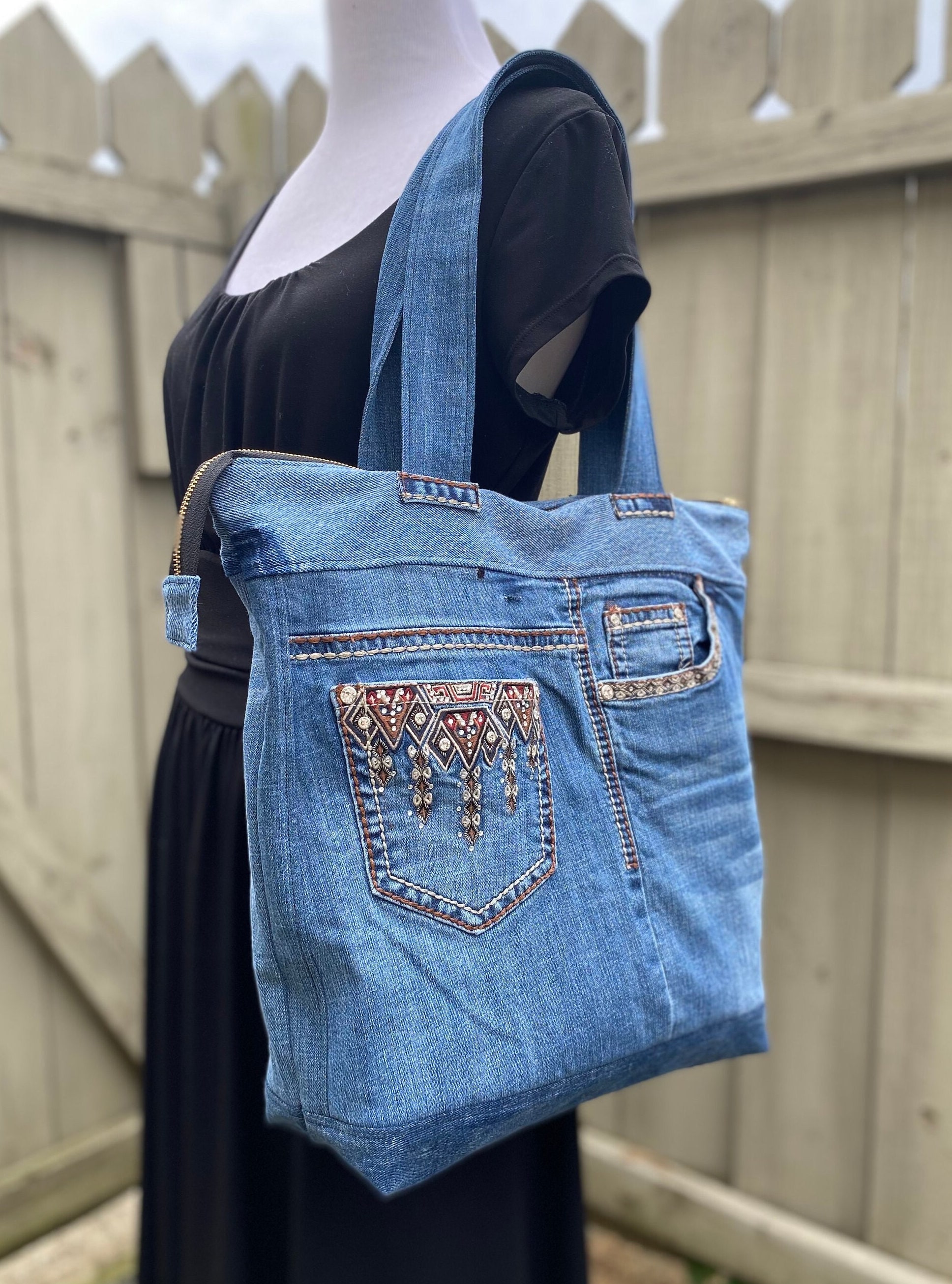 Denim Tote Upcycled Denim Shoulder Bag Zippered Tote Lined Tote Multi ...