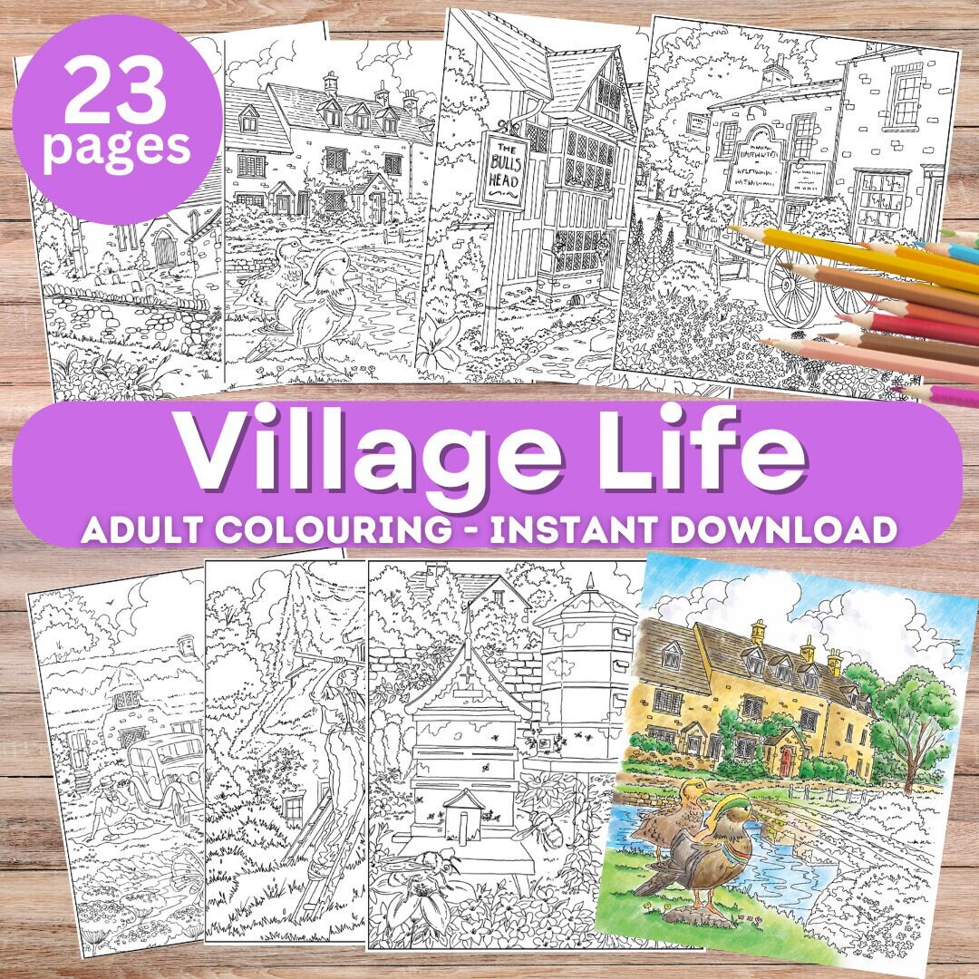 Village Life Adult Colouring, Scenery Coloring, Fairytale Cottages ...