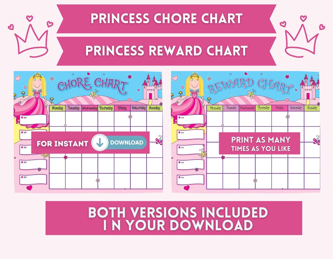 Princess Chore Chart, Reward Chart for Kids, Behaviour Chart, Potty ...