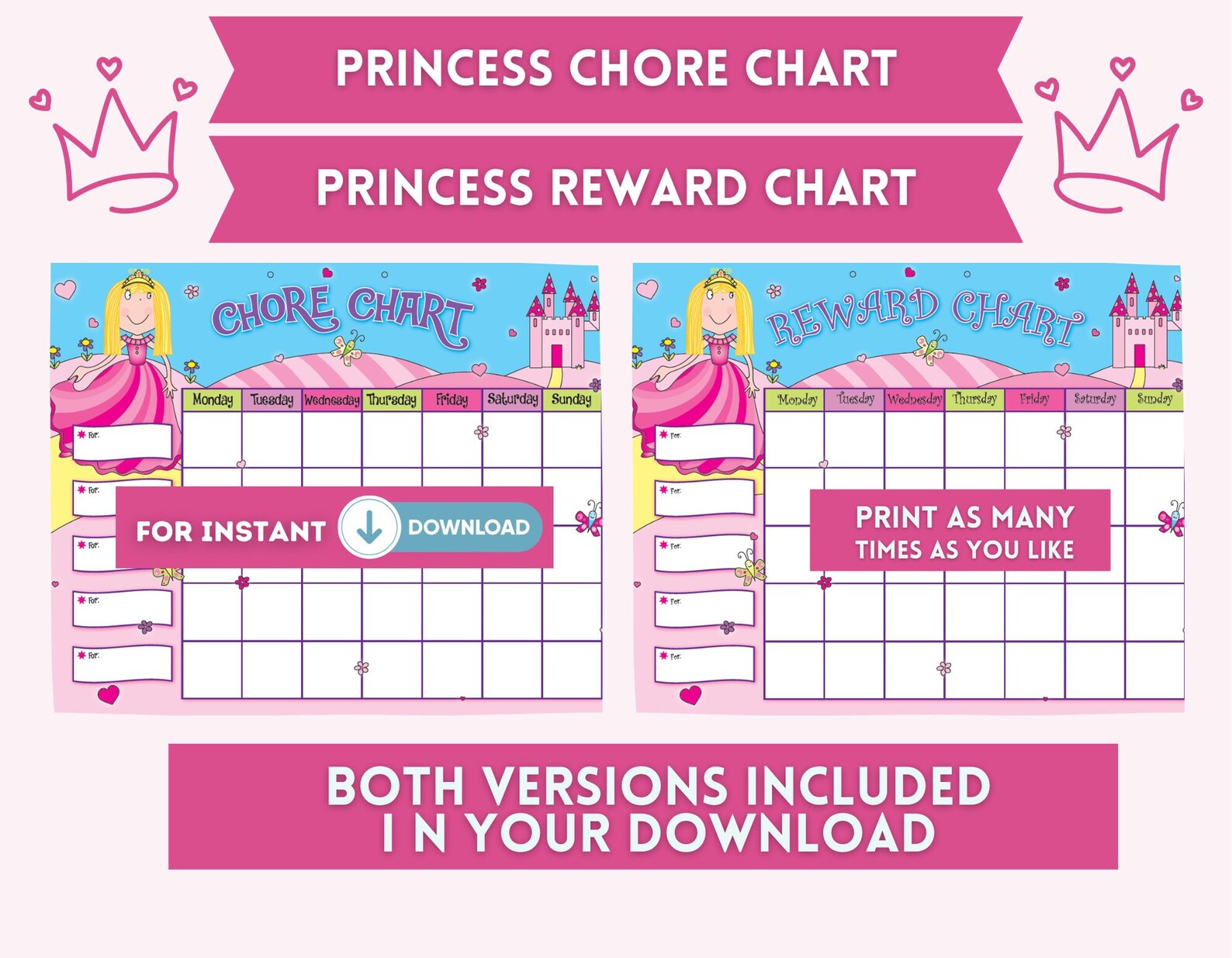 Princess Chore Chart, Reward Chart for Kids, Behaviour Chart, Potty ...