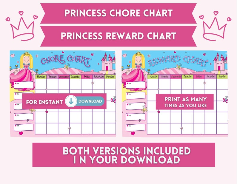 Princess Chore Chart, Reward Chart for Kids, Behaviour Chart, Potty ...
