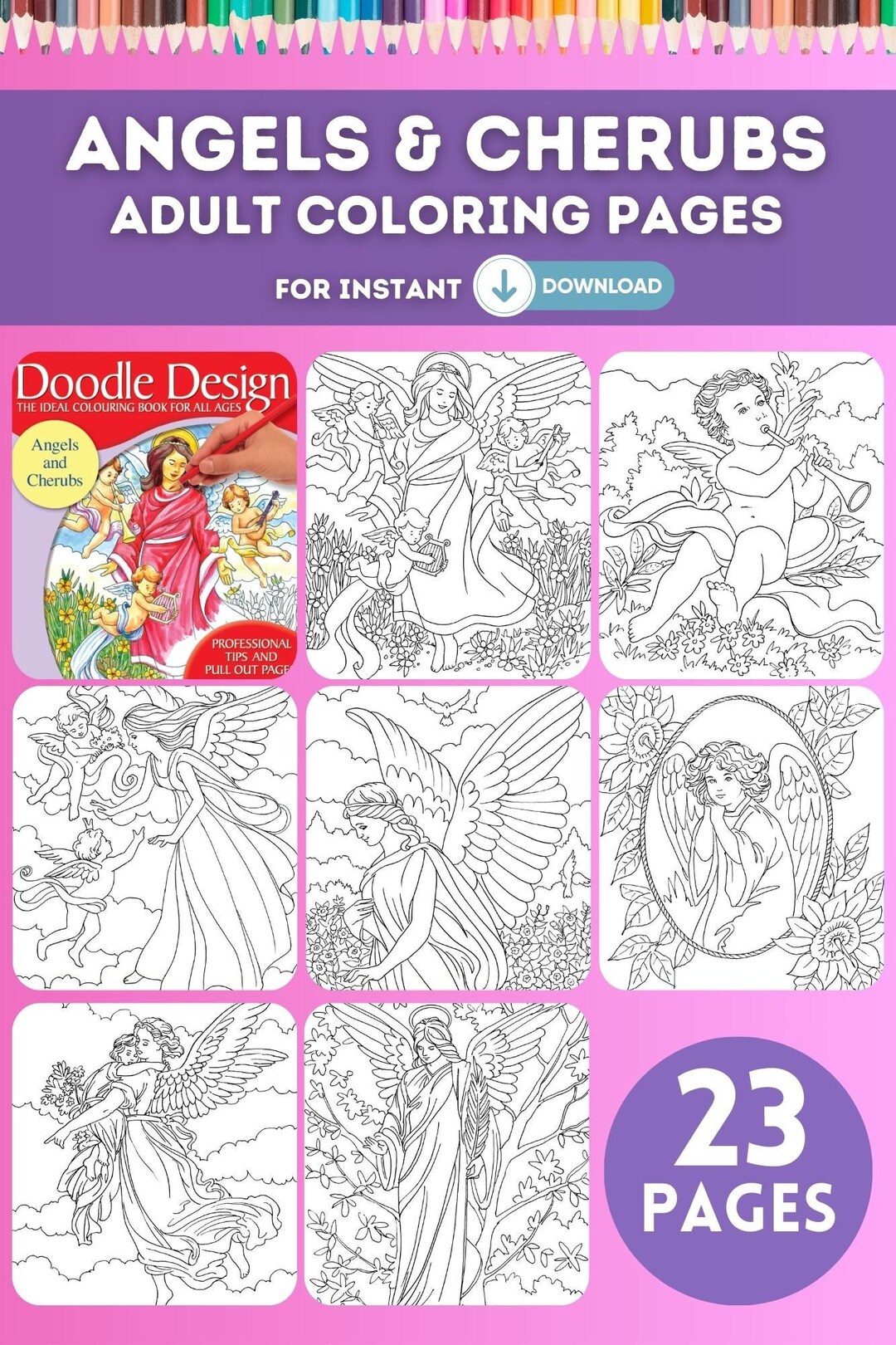 Doodle Design Angels and Cherubs Adult Coloring, Instant Download ...