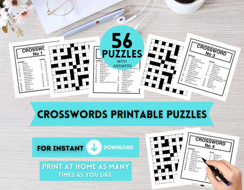 Printable Crossword Puzzles With Solutions: Brain Teasers (PDF) - Etsy