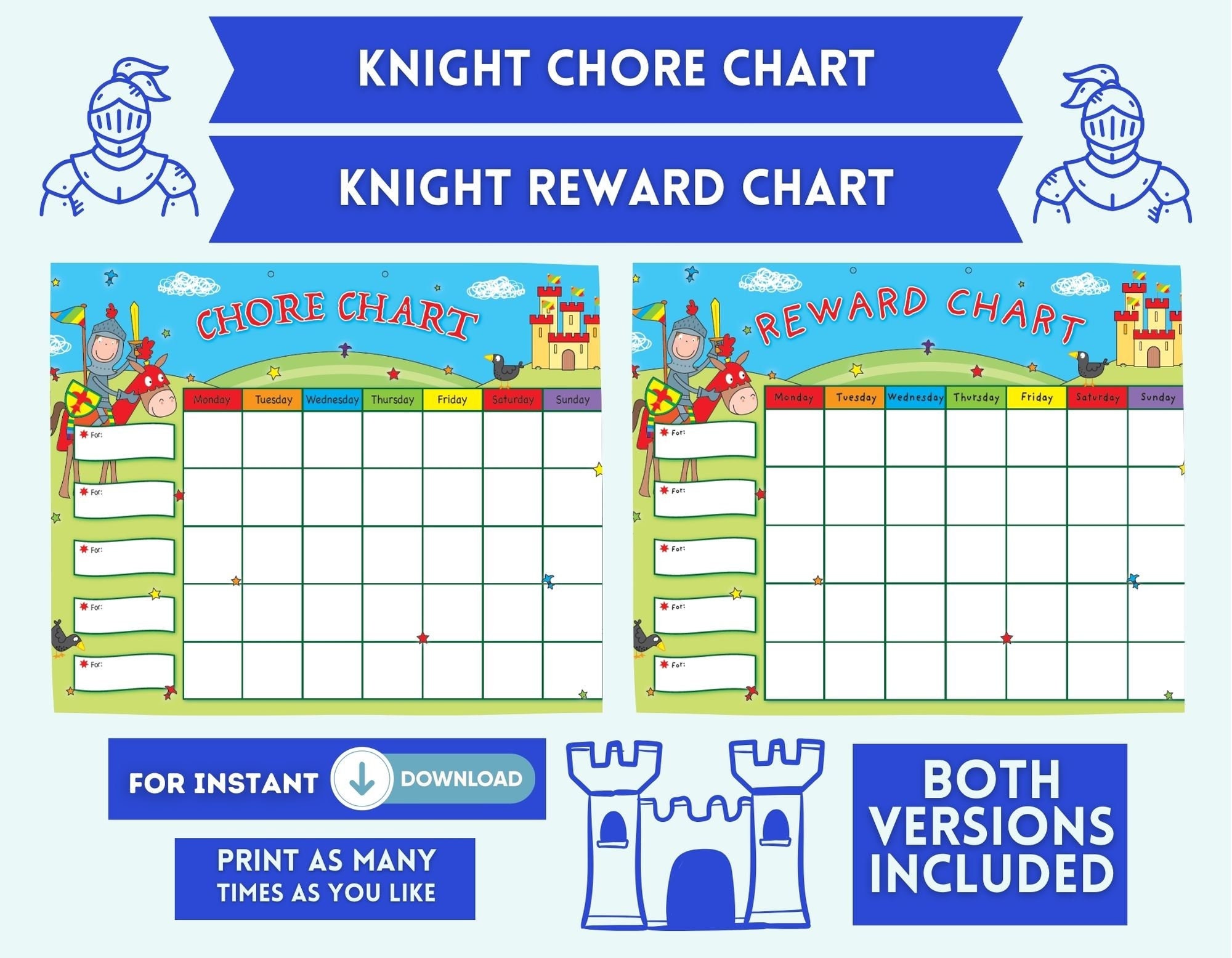 Boys Reward Chart, Knight Chore Chart, Printable Daily Kids Chore Chart ...
