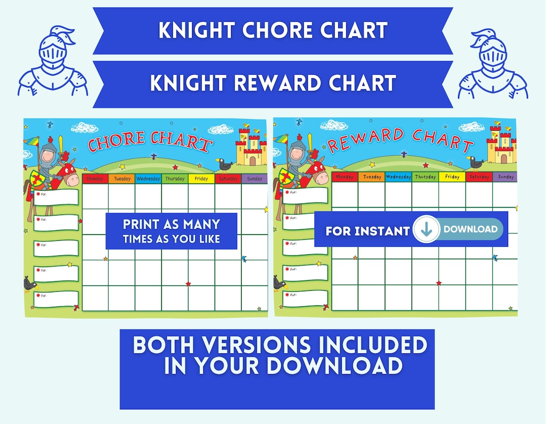 Boys Reward Chart, Knight Chore Chart, Printable Daily Kids Chore Chart ...
