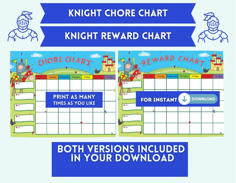 Boys Reward Chart, Knight Chore Chart, Printable Daily Kids Chore Chart ...