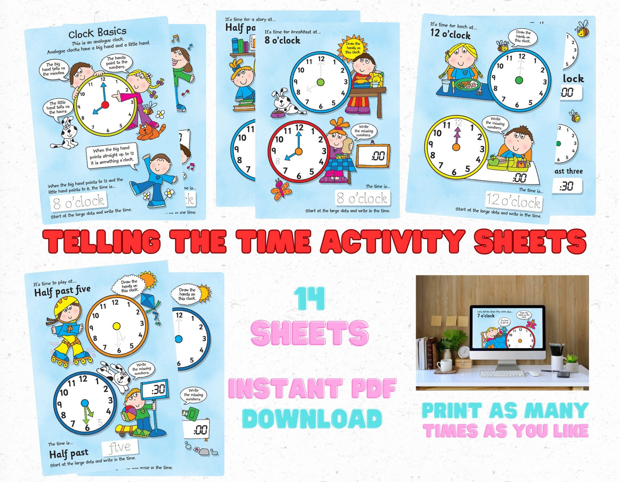 Tell the Time Activity Sheets, Instant Download Print PDF, Printable ...