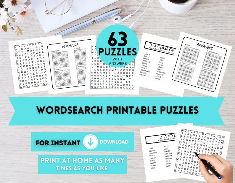 Wordsearch Puzzle Pages With Solutions: Brain Teasers (instant Download) - Etsy