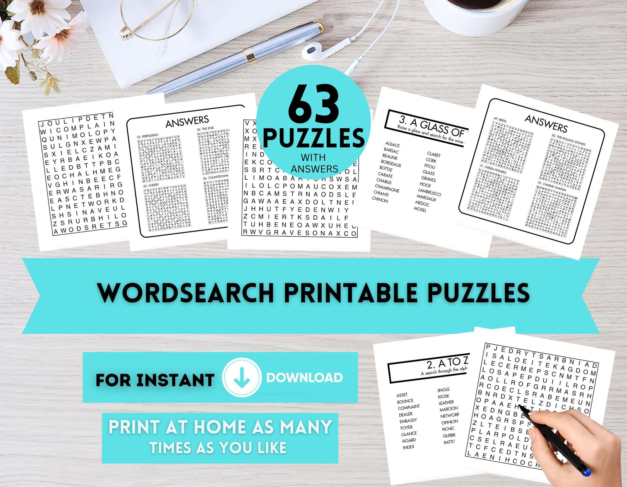 Wordsearch Puzzle Pages With Solutions: Brain Teasers (instant Download ...