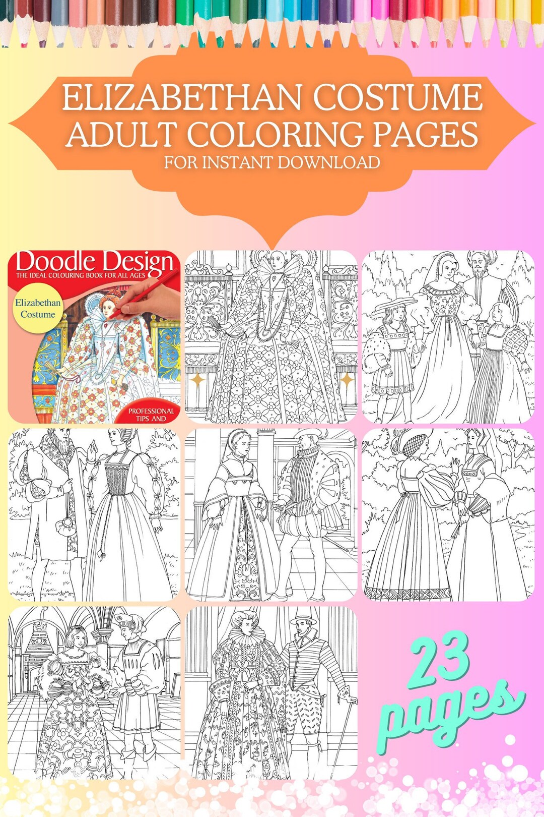Doodle Design Elizabethan Costume Adult Colouring, Instant Download ...