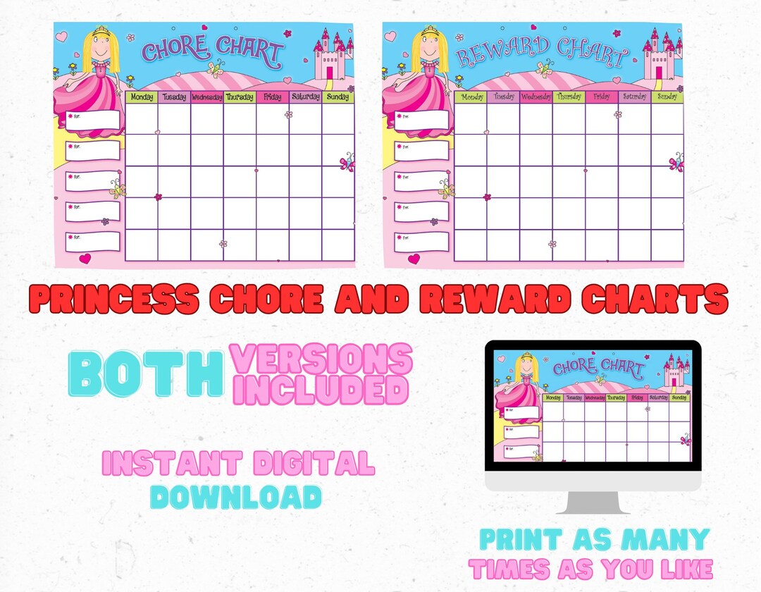 Princess Chore Chart, Reward Chart, Printable Daily Kids Chore Chart ...